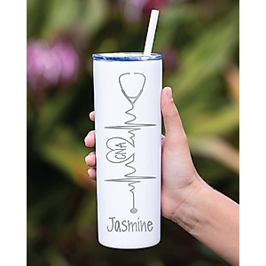 Heartbeat Nurse's Personalized Laser Engraved 20 oz Stainless Steel Skinny Tumbler with Custom Stethoscope by Avito - Includes Straw and Lid - Nurse RN, CNA, PA - Nurse Gift