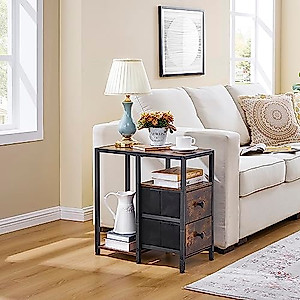 Hoctieon Nightstand with Fabric 2 Drawers, Night Stands for Bedrooms, Side Table with Drawer, Farmhouse Nightstands, End Table with Storage, Easy Assembly, Rustic Brown