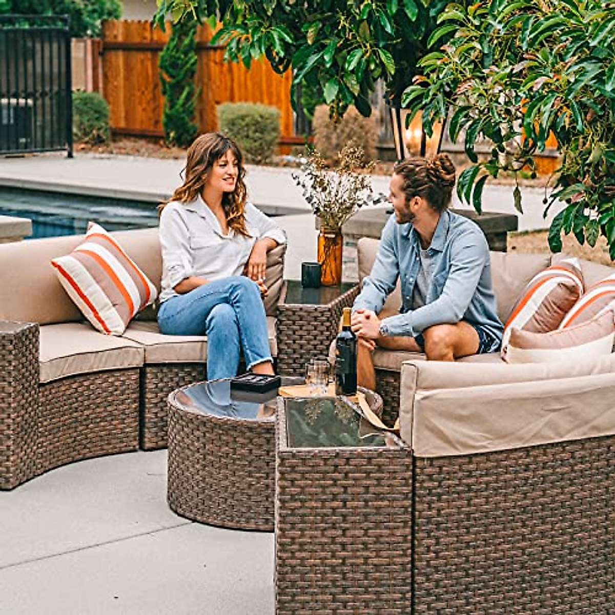 SUNSITT Outdoor Sectional Set 11-Piece Half Moon Patio Furniture Brown Wicker Sofa Beige Cushions with 4 Side Table and 4 Pillows