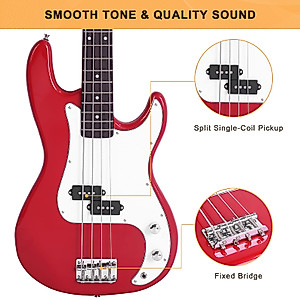 Glarry Electric Bass Guitar Full Size 4 String Rosewood Basswood Fire Style Exquisite Burning Bass (Red)