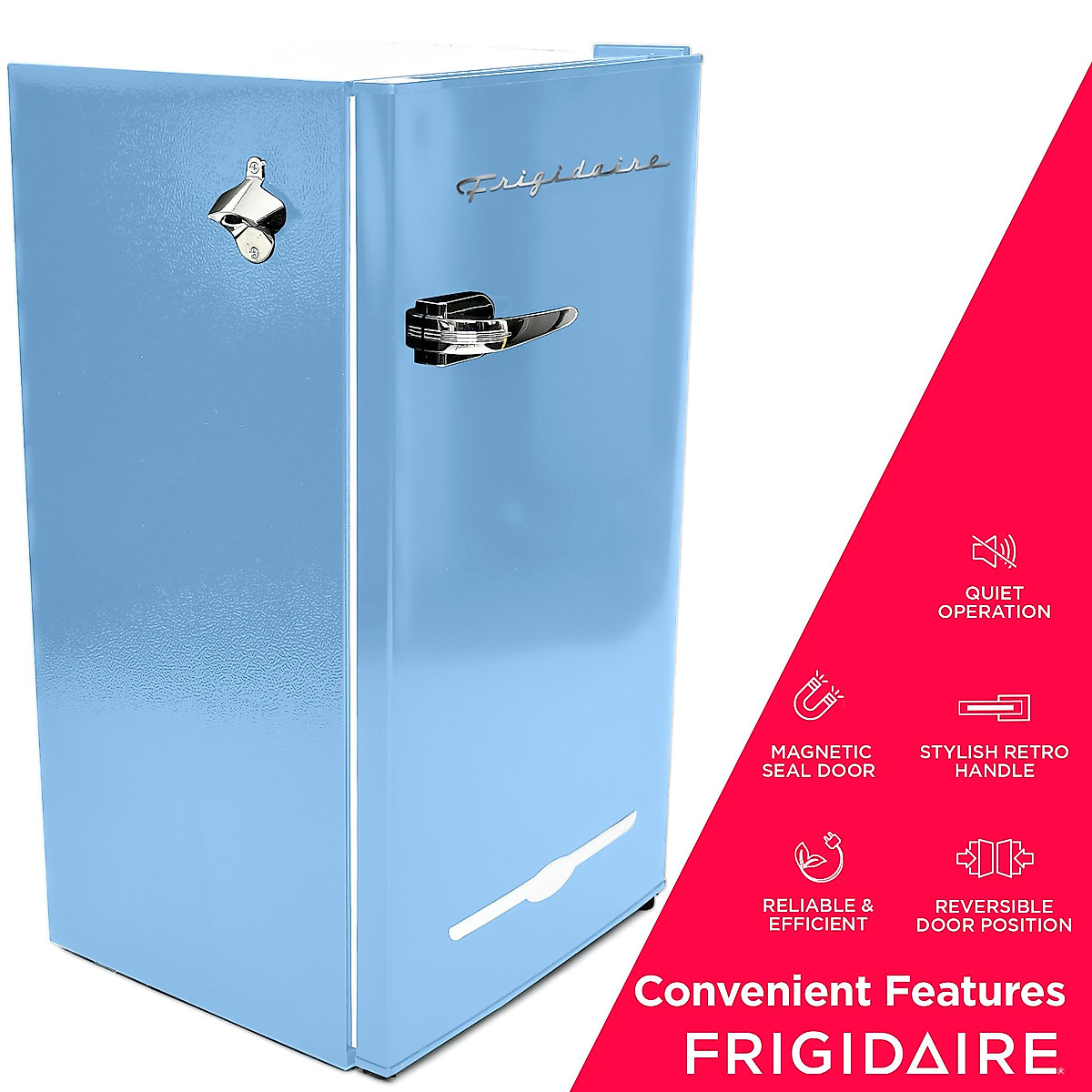 Frigidaire Retro Compact Fridge with Chiller, 3.2 cu ft Countertop Fridge with Built-In Bottle Opener, Compact Refrigerator for Office, Bedroom, Dorm Room or Cabin - 16.5" D x 19" W x 31" H (Blue)