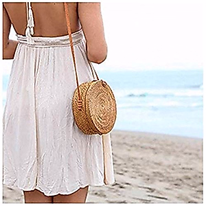 Girl and Cat Handmade Round Straw Rattan Crossbody Bag for Women with Shoulder Leather Strap (Leather buckle)