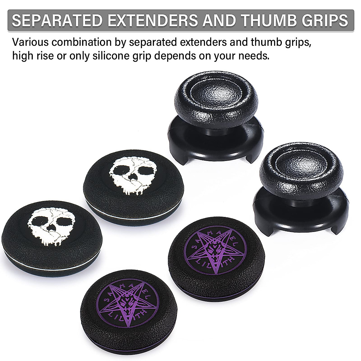 Playrealm FPS Thumbstick Extender x 2 & Printing Rubber Silicone Grip Cover x 4 for PS5 & PS4 Controller (Ghost White&Demon Purple)