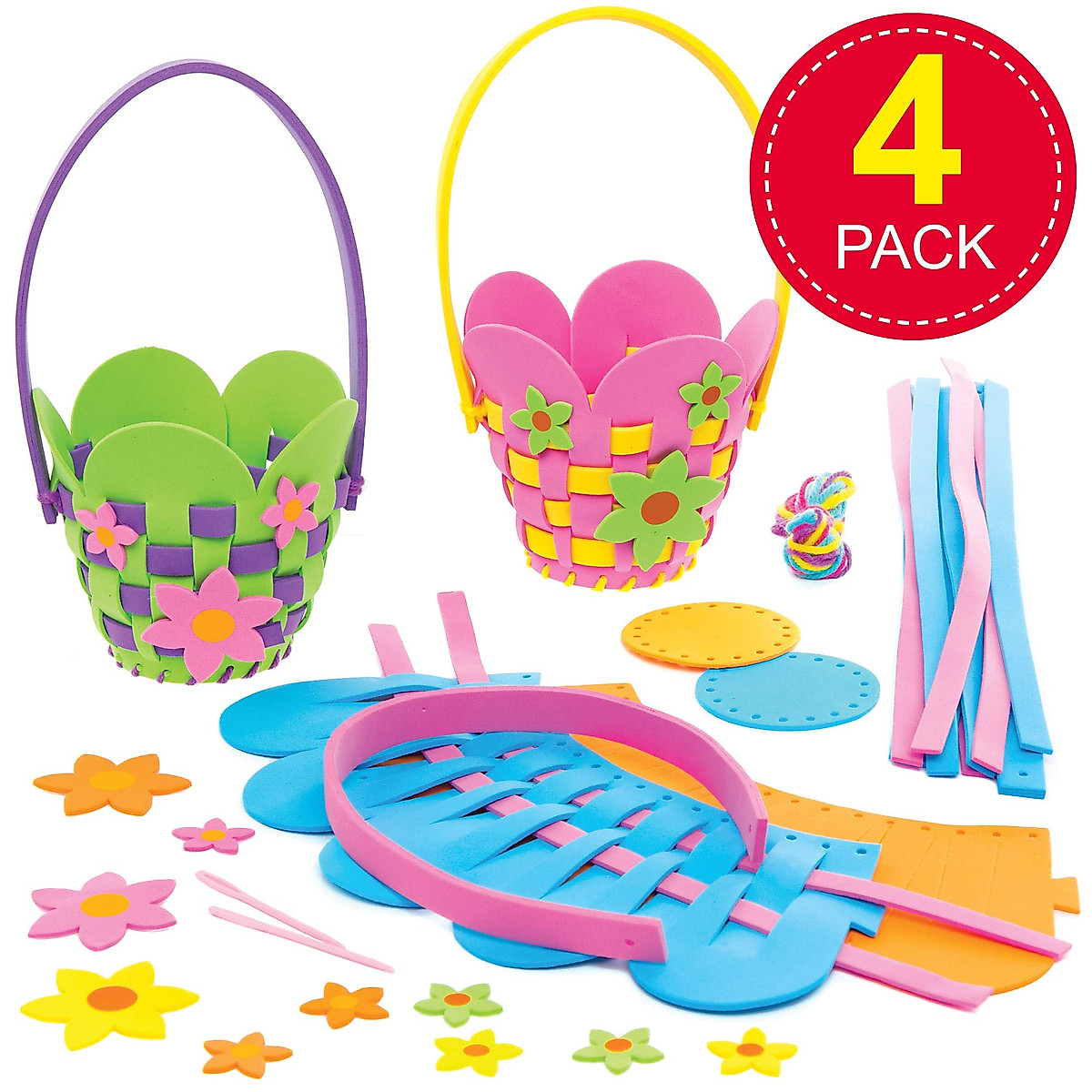 Baker Ross AT380 Flower Basket Weaving Kits - Pack of 4, Introductory Sewing for Beginners and for Kids Arts and Crafts Projects