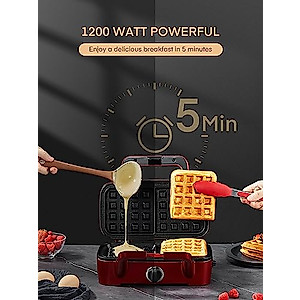 FOHERE Waffle Maker 3 in 1 Sandwich Maker 1200W Panini Press With Removable Plates and 5-gear Temperature Control, Non-stick Coating Easy to Clean,Indicator Lights, Red