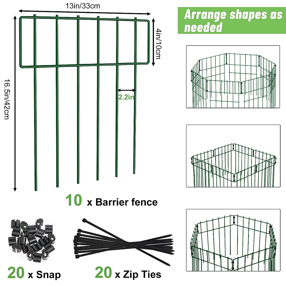 YALINKA 10Pcs Green Decorative Garden No Dig Fence, Rustproof Metal Wire Fencing Border Animal Barrier for Dog Pet Rabbits, Fencing Flower Edging for Yard Landscape Patio Outdoor Decor, T Shape