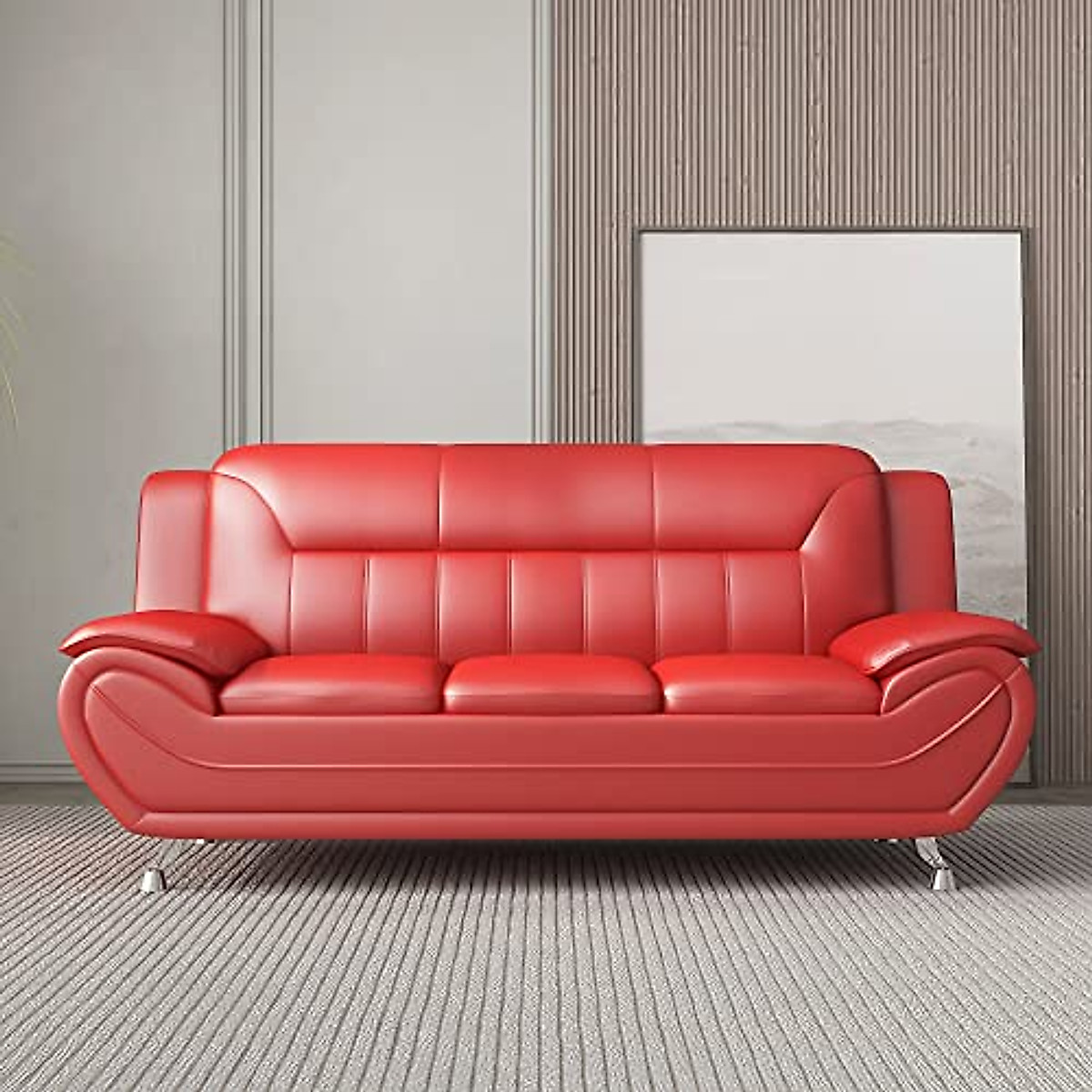 Container Furniture Direct Michael Modern Faux Leather Upholstered Stainless Steel Legs Living Room, Sofa, Persian Red