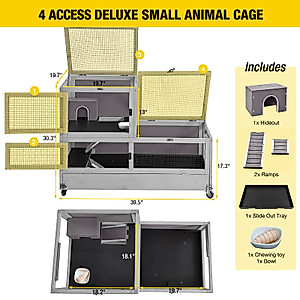 Aivituvin Guinea Pig Cage 2 Levels Wooden Rabbit Hutch with 2.36”Deeper Anti-Chewing Pull Out Tray Rat Cage with Hideout,Aluminium Alloy Edge…