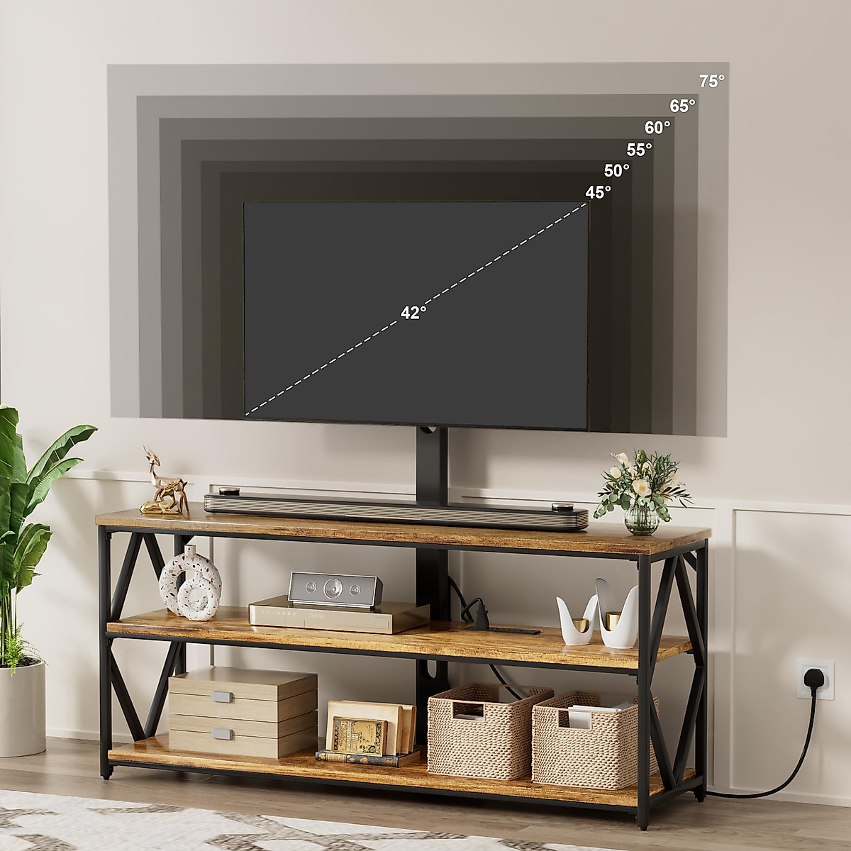 Furmax TV Stand with Mount and Power Outlet, Universal Height Adjustable Swivel TV Stand Mount for Up to 75 Inch TVs, Entertainment Center with Storage Shelves for Living Room, Rustic Brown