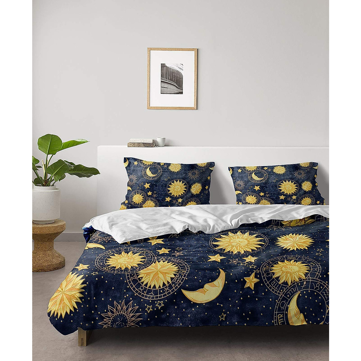 4 Piece California King Duvet Cover Set Night Vintage Moon Sun Star Breathable Comforter Covers Ultra Soft Bed Sheet with 2 Pillow Shams Bedding Collection Sets Yellow Celestial Fabric Midnight