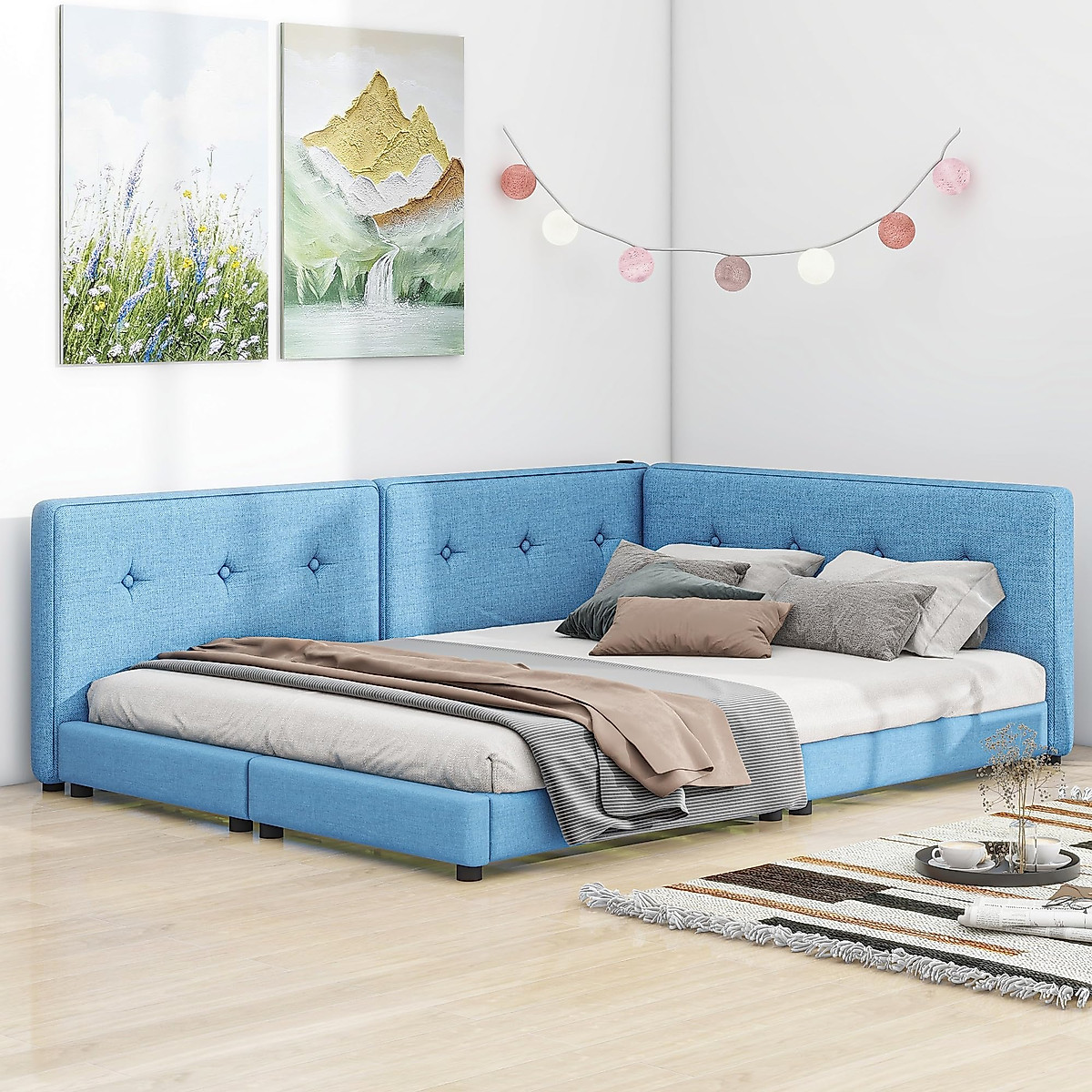 Modern Upholstered Queen Size Platform Bed with USB Ports, Linen Wooden Daybed/Sofa Bed/Low Floor Bed Frame with Backrests for Boys Girls Teens Adults, No Box Spring Needed