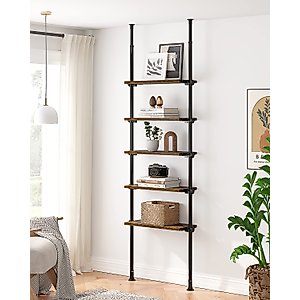 ALLZONE 5 Tiers Narrow Bookshelf, Tall Adjustable Ladder Book Shelf with Open Storage, Floor to Ceiling Tension Mount, Wooden Industrial Bookcase for Living Room, 92 to 116 Inch, Brown