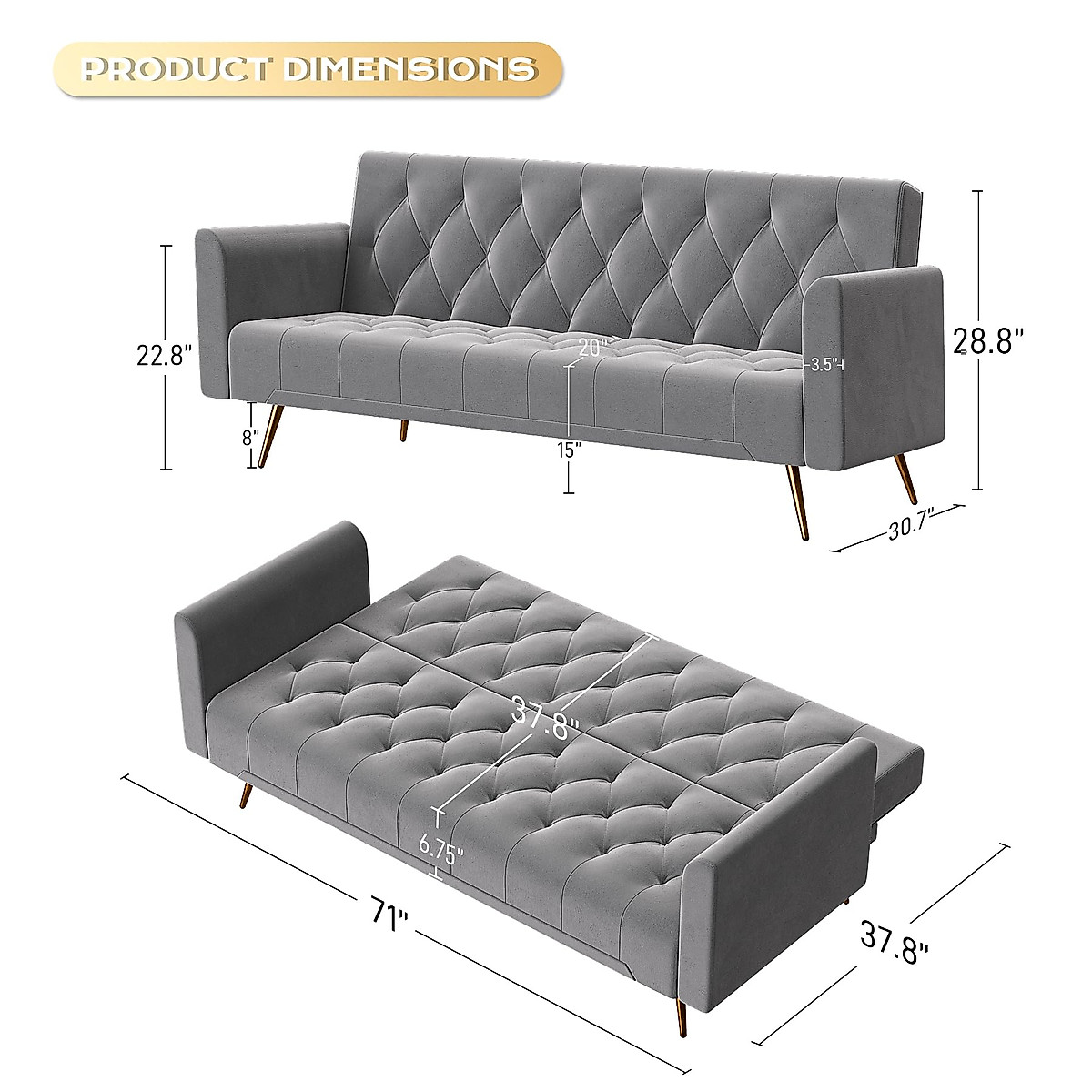 OUYESSIR Velvet Futon Couch Bed, 71 inch Loveseat Convertible Sleeper Sofa with 2 Pillows, Modern Small Futon Couch for Bedroom, Living Room (Grey)