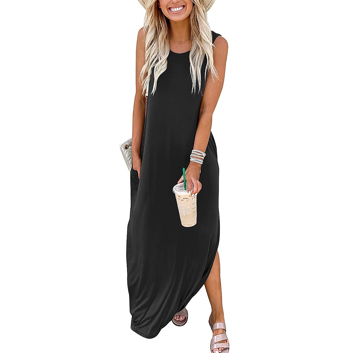 ANRABESS Women Casual Loose Sundress Sleeveless Split Maxi Long Beach Shirt Dress Travel Vacation 2025 Summer Outfits Black Medium