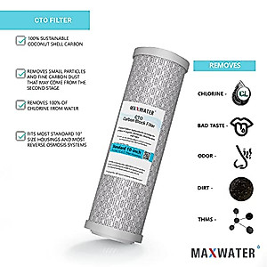 Max Water CTO 1 Micron,10" x 2.5" Replacement Filter Cartridge, Coconut Shell Carbon Block for Whole House Water Filtration System and Standard RO (Reverse Osmosis) Filters - Pack of 5