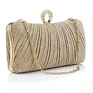 Clutch Purse for Women Pleated Glitter Evening Clutch Purses with Rhinestone Evening Bag for Bridal Wedding Party (Gold)