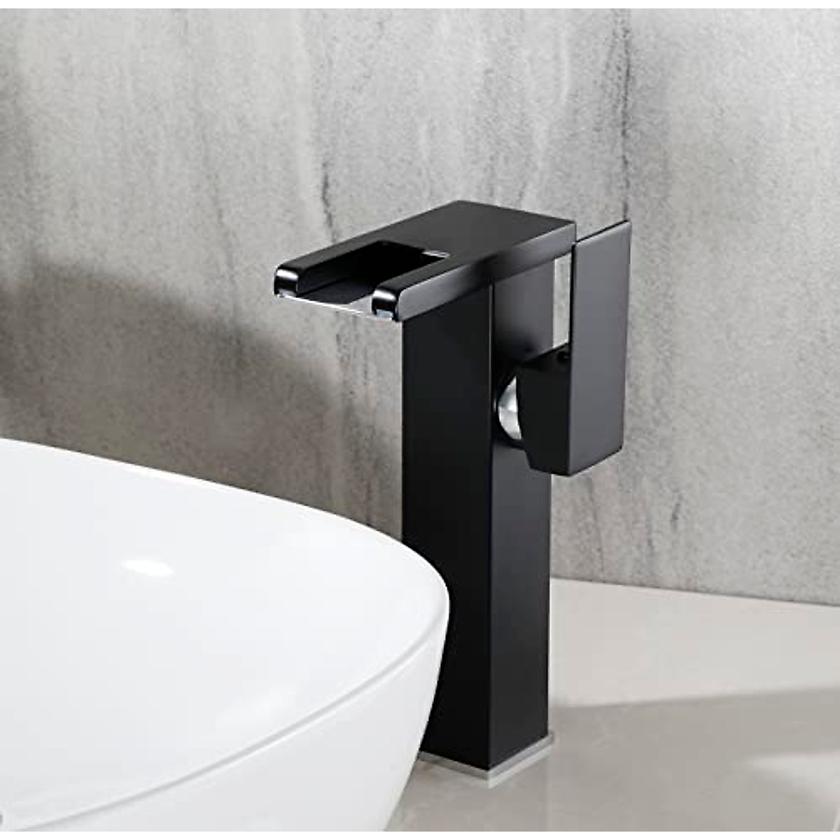Black Bathroom Vessel Faucet Led Light 3 Color Changing Waterfall Single Handle One Hole Bowl Sink Faucet Vanity Lavatory Deck Mount Mixer Tap Tall with Pop Up Drain Without Overflow and Supply Lines