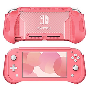 HEYSTOP Case Compatible with Nintendo Switch Lite, with Tempered Glass Screen Protector and 6 Thumb Grip, TPU Protective Cover for Switch Lite with Anti-Scratch/Anti-Dust (Pink)