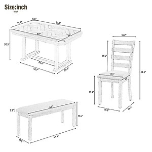 BIADNBZ 6-Piece Dining Table Set with Bench, Rectangular Tabletop Grain Pattern and 4 Chairs w/Soft Cushion, for Kitchen, Natural Wood Wash