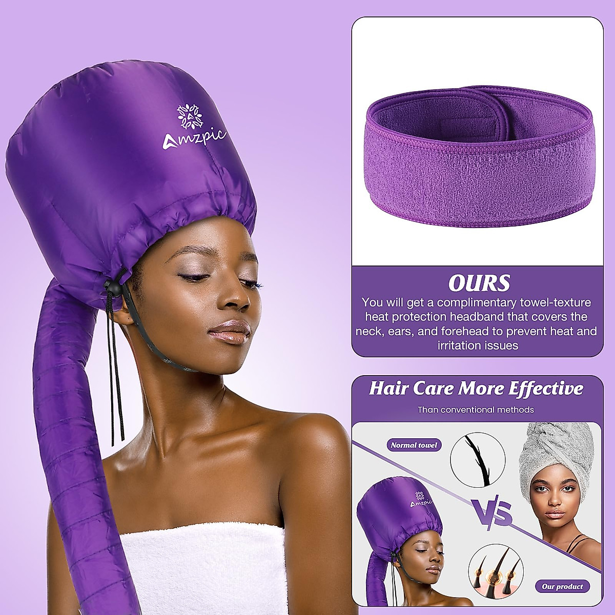Bonnet Hood Hair Dryer Attachment - Soft, Adjustable Extra Large Bonnet Hair Dryer for Speeds Up Drying Time at Home, Easy to Use for Styling, Curling and Deep Conditioning (Purple)