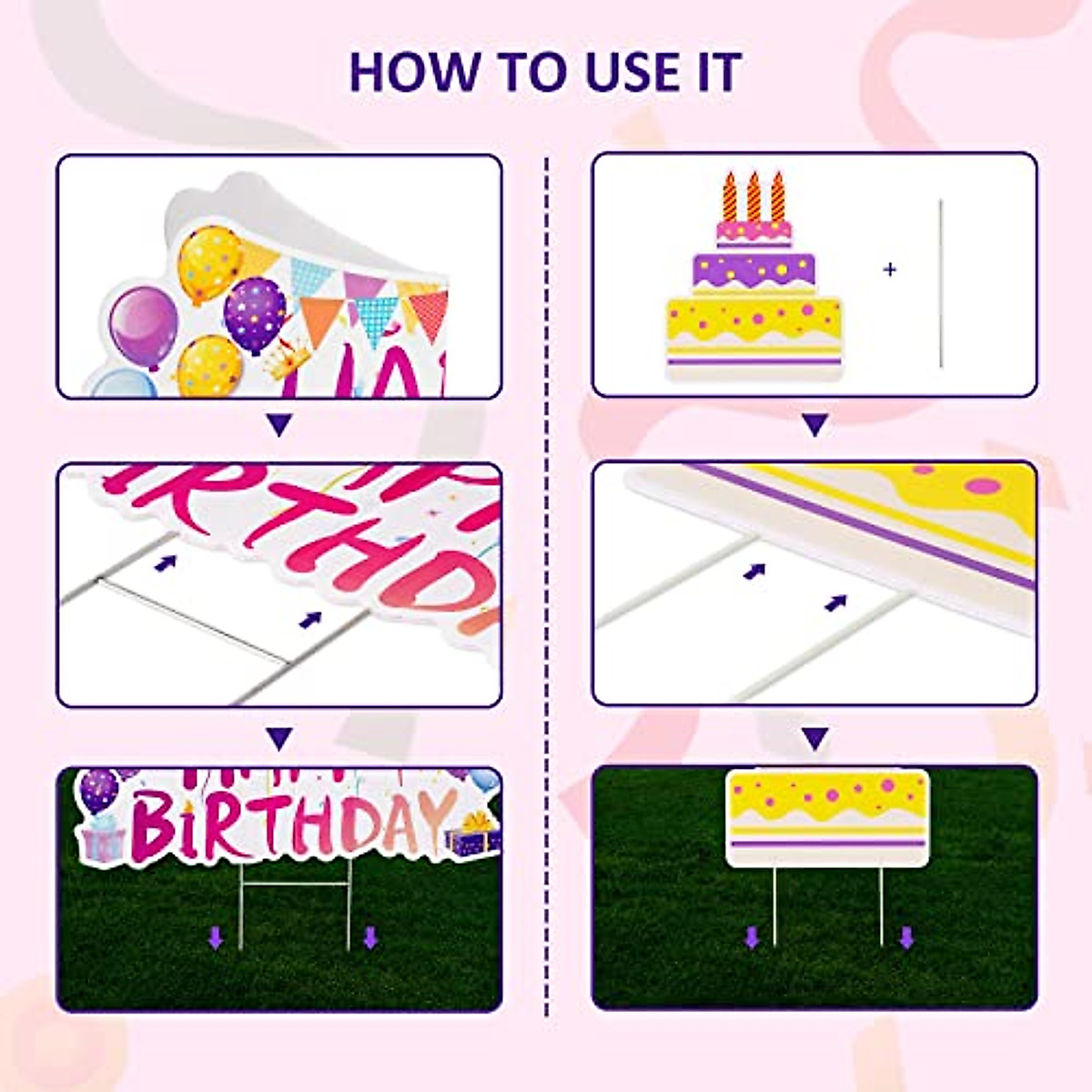 HOMENOTE 7Pcs Happy Birthday Yard Signs With Stakes, 5m LED Light and Personalized Sign, 23.6’’Foldable Large Happy Birthday Sign, Full Set Supplies for Yard Lawn Outdoor Birthday Decoration Party