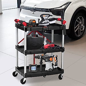 Towallmark Portable Folding Service Cart, 3 Tier Folding Utility Cart, Collapsible Utility Carts for Office, Warehouse, and Home, 56 Lbs Load Capacity per Shelf (Black & Red)