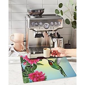 Spring Flowers and Hummingbird Coffee Mat Coffee Maker Mat,Super Absorbent Coffee Bar Accessories,Watercolor Pink Blossom Floral Non-slip Coffee Station Mat Dish Drying Pad,18x28in