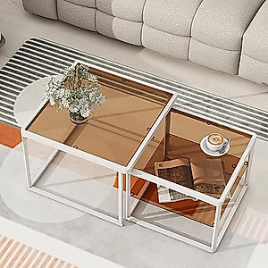VKKILPEE Modern Nesting Coffee Table Set with High-Low Combination Design, Brown Tempered Glass Square Cocktail Table, White Metal Frame, Length Adjustable 2-Tier Center End Table for Living Room