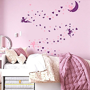 IKEYU Fairy Wall Sticker Girls Fairy Wall Decals Nursery Fairies Wall Stickers Butterfly Pink Purple Star Heart Wall Decals for Girls Bedroom Kids Room Decor