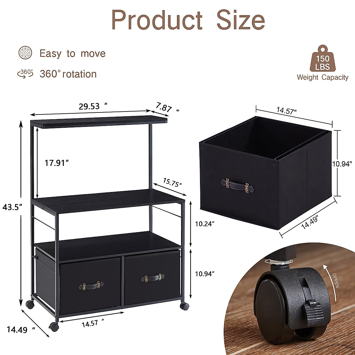 VECELO Fabric Lateral Filing Cabinet with 3 Open Storge Shelves Movable Printer Stand with 2 Large, Home Office, Suitable for A4 Or Letter Size,Black, 2 Drawer
