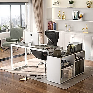 Homieasy L Shaped Desk with File Cabinet & Power Outlet, 55 Inch Large Corner Computer Desks with LED Strip, L-Shaped Computer Desk with Drawers and Storage Shelves for Home Office, Grey & White