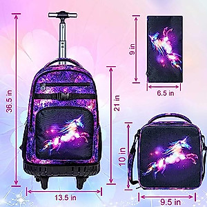 UFNDC 3PCS Rolling Backpack for Women, Adults Unicorn Backpacks with Wheels for Girls，Travel Roller Wheeled Bookbag