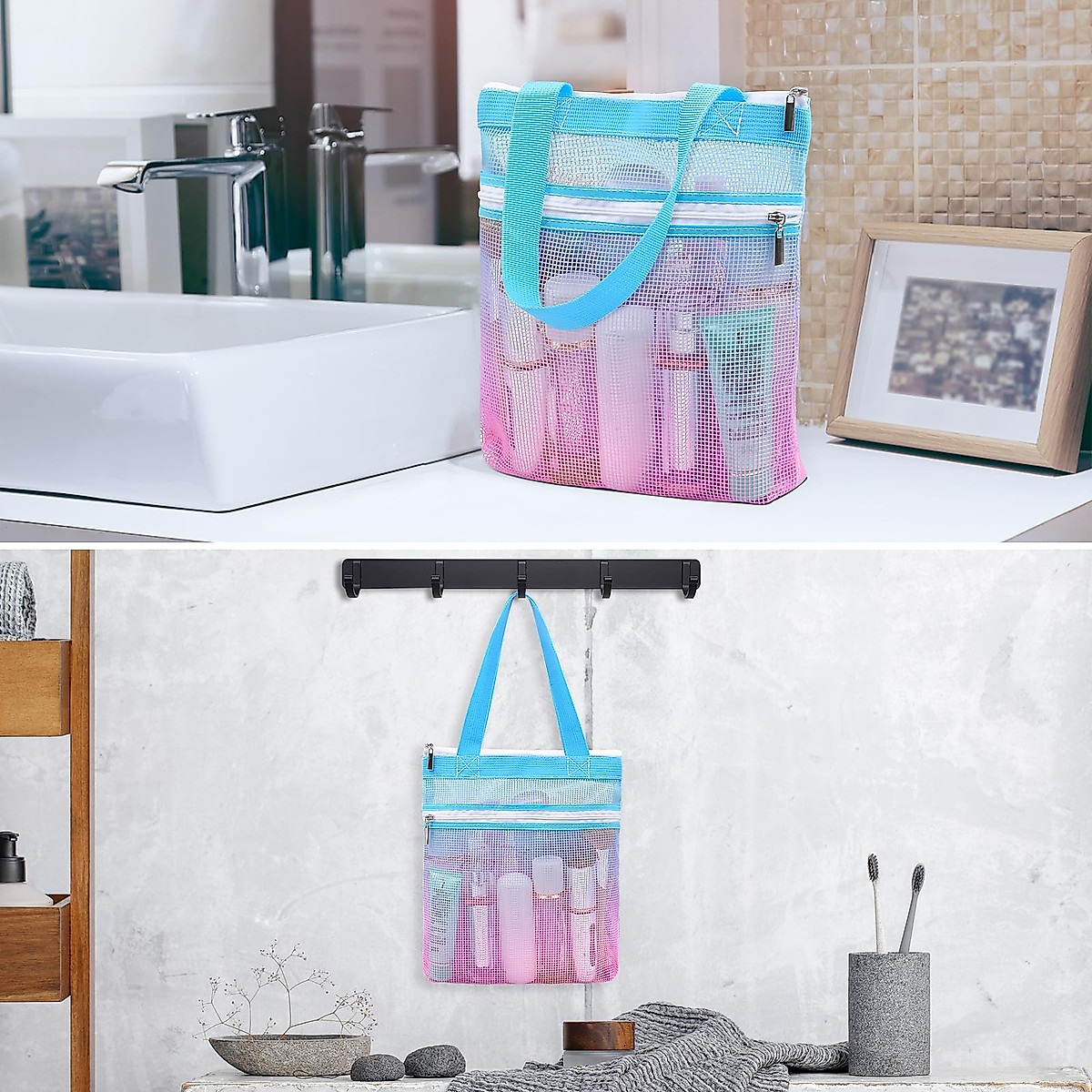 Nidoul Mesh Shower Caddy, Portable Shower Caddy Bag with Zipper, Shower Tote Dorm Caddy Hanging for Dorm, Gym, Travel, Camp, Beach, Toiletry (Pink Blue)