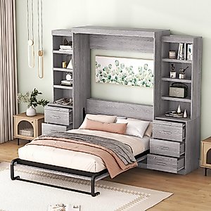 GLORHOME Space-Saving Full Size Murphy Bed with Gray Finish, Storage Shelves, and Drawers