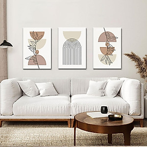 Modern Boho Wall Art Set of 3 - Abstract Geometric Line Leaf Beige Botanical Canvas Paintings Prints Wall Decor, Minimalist Wall Art for Living Room, Bedroom, Office - Framed 12x16 in