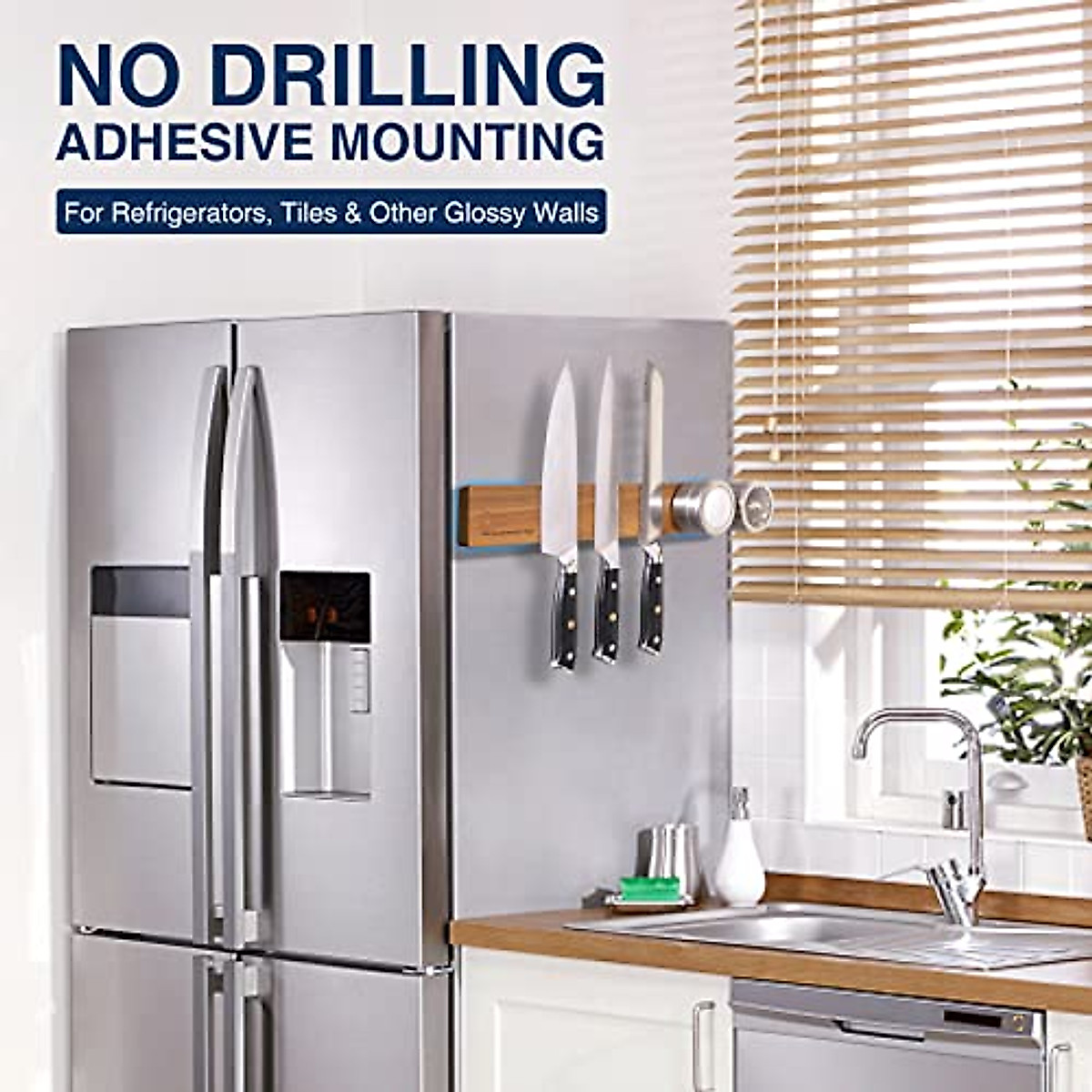 Gourmetop Magnetic Knife Holder for Wall, Knife Magnetic Strip No Drilling 16 Inch, Kitchen Magnetic Knife Holder for Refrigerator, Wood Magnetic Knife Rack/Bar for Fridge