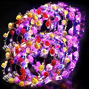 50 Pcs LED Flower Crowns Headbands Light up Flower Hair Wreath Garlands Glowing Floral Headpiece for Halloween Girls Women Cosplay Holiday Wedding Party