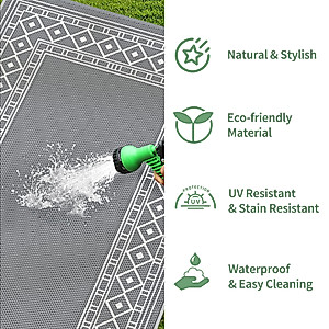 GENIMO Outdoor Rug 6'x9' for Patio Clearance, Reversible Plastic Straw Outdoor Area Carpet Waterproof, Camping Outside Mat for Outdoor Decor, RV, Deck, Camper, Balcony, Picnic, Grey & White