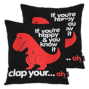 Vosach Dinosaur Outdoor Indoor Pillow Covers, Red Dino If You are Happy You Know It Home Decorative Throw Pillow Case Cushion Cover for Sofa/Bed/Patio/Garden/Balcony, 18x18 Inch, 2 Pcs
