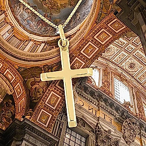 14 Karat Gold Cross, Small Religious Pendant Necklace with 18 inch Box Gold Chain - 14k Christian Cross with Adjustable Chain for Womens, Authentic Italian Religious Gifts Jewelry