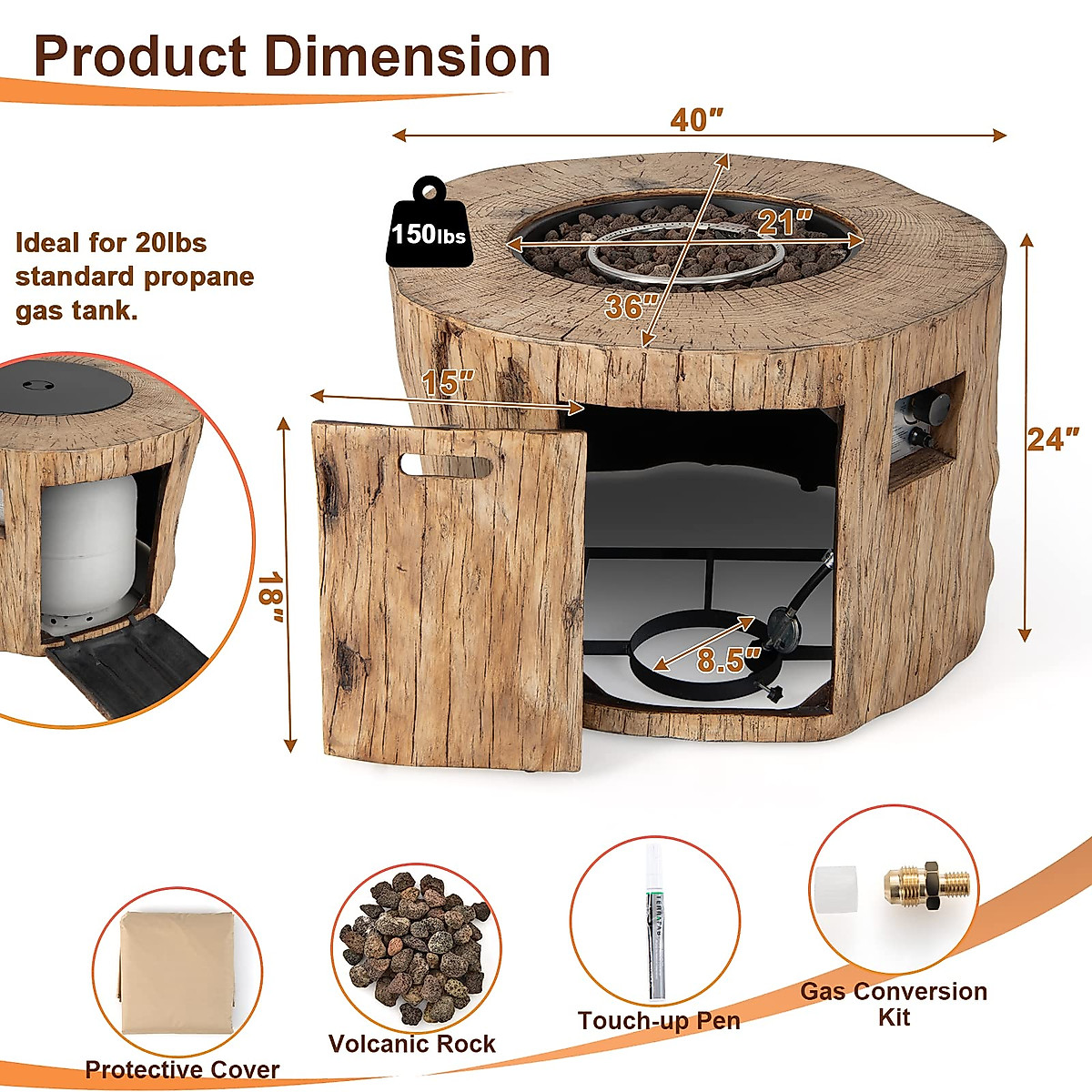 COSTWAY 40" Propane Gas Fire Pit Table, 2-in-1 Outdoor Round Fire Table W/Volcanic Rock & PVC Cover, 50,000 BTU Heat Output, Wood-Like Surface for Backyard, Poolside