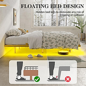 LUXOAK Full Size Floating Bed Frame with RGBW LED Light, Modern Metal Bed Frame with Steel Slat Support/Heavy Duty/No Box Spring Needed/Noise-Free, Gold