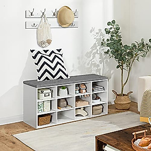 HOOBRO Shoe Storage Bench with Cushion, Entryway Bench, 39.4" Hall Tree, Coat Rack, 12 Cubbies, Holds up to 330 lb, Shoe Rack, Storage Cabinet for Bedroom, Hallway, White and Gray WT112HX01
