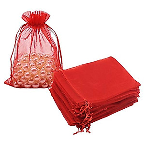 HRX Package Organza Bags Red 100pcs, 5 x 7 inches Christmas Gift Drawstring Bags Mesh Jewelry Pouches for Wedding Party Favors