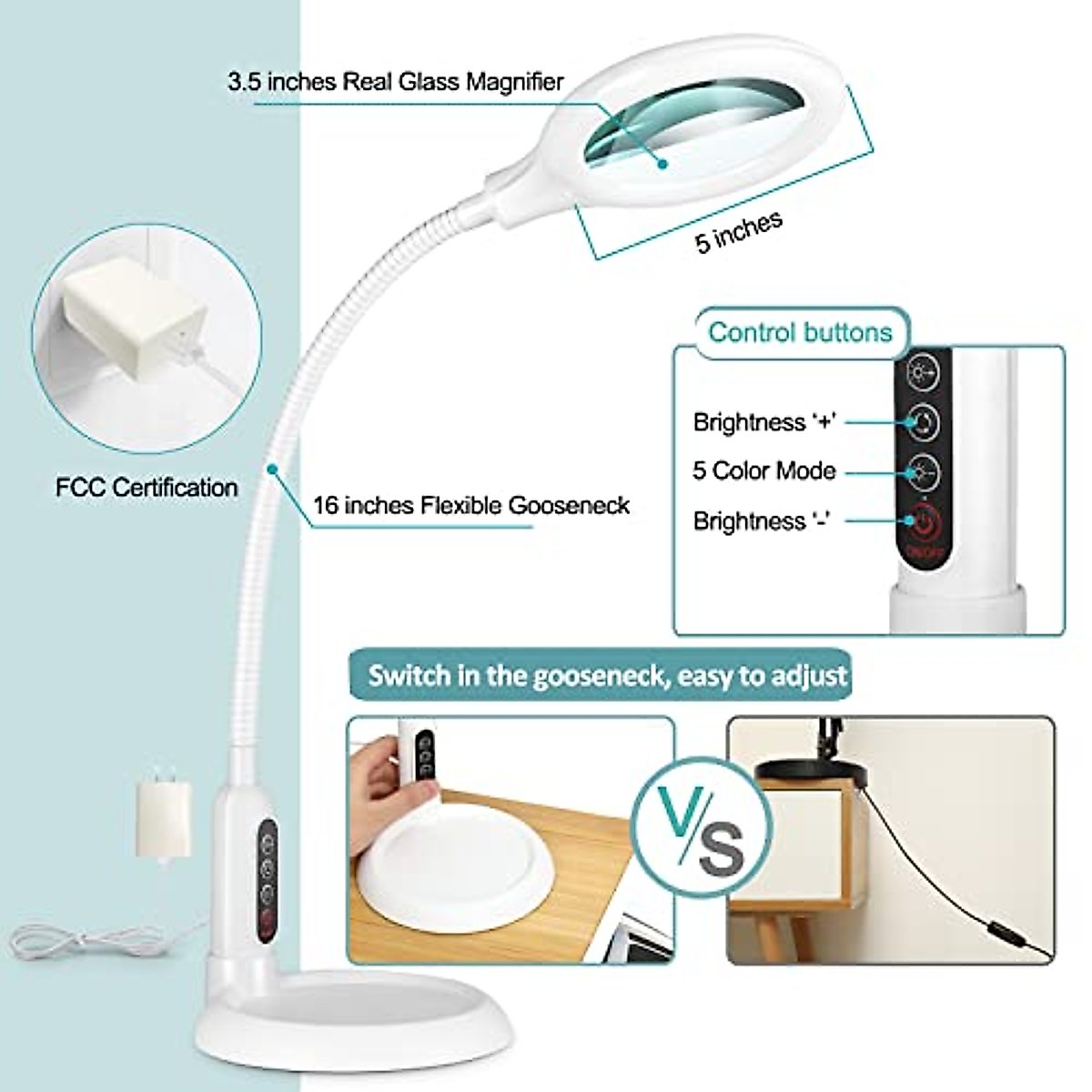 TOMSOO 5X Magnifying Glass with Light and Clamp, 5 Color Modes Stepless Dimmable Lighted Magnifier with Stand, Flexible Gooseneck LED Desk Lamp Hands Free for Craft Painting Hobby Close Work