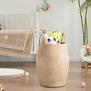Fiona's magic Large Laundry Hamper Basket, 65L Woven Tall Clothes Hamper for Storage Blanket, Toys and Dirty Cothes in Bedroom and Living Room Organizer, Brown