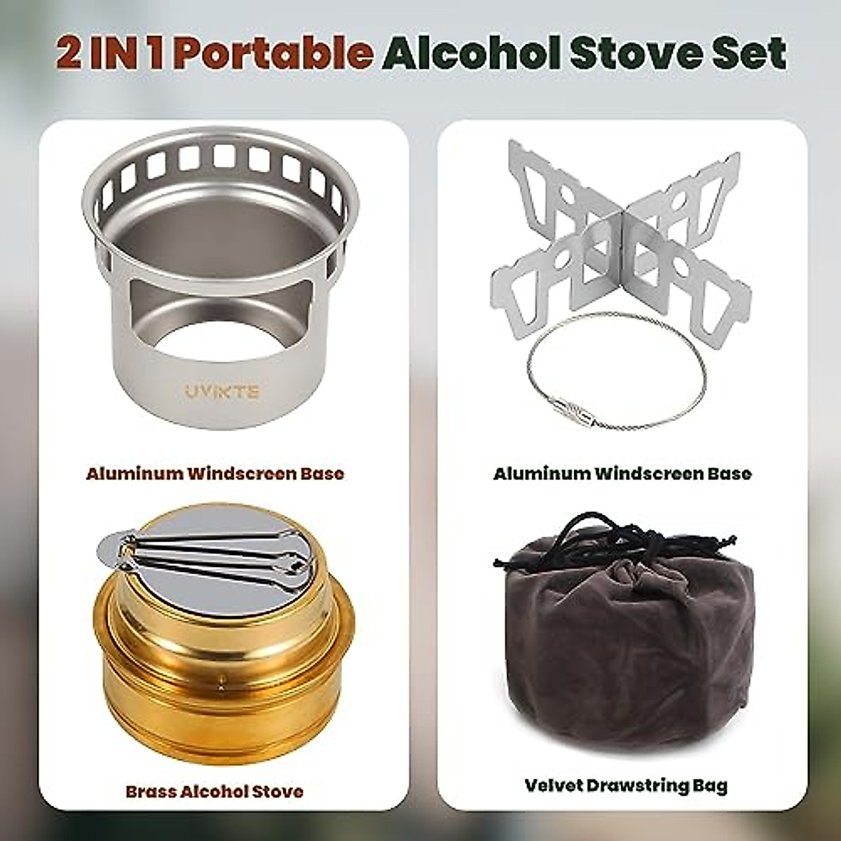 UVIKTE 2 In 1 Mini Alcohols Stove Camping Backpacking Portable Alcohol Spirit Burner With Stainless Steel Cross Stand, Ultralight Tiny Brass Survival Coffee Hiking, Storage Bag,SILVER