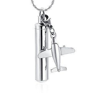 constantlife Cylinder Cremation Jewelry for Ashes 316L Stainless Steel Urn Pendant Memorial Necklace with Small Accessories Charms Keepsake (Airplane)