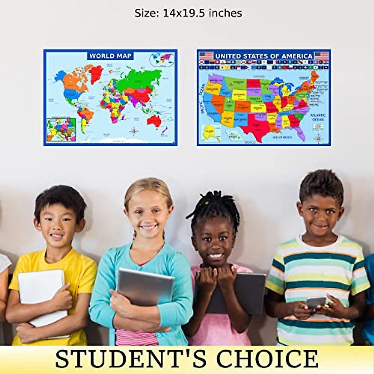 World Map Poster and USA Map with Extra Features - Laminated Educational Poster (14x19.5 in) – Maps for Kids, Classroom Decorations, Preschool and Elementary Learning, Teacher Supplies