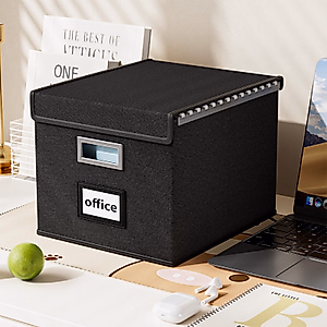 Huolewa Upgraded Portable File Organizer Box, Large Linen Hanging Office Document Storage Box with Lid - Black, Collapsible Filing & Storage Boxes for Office/Decor/Home - 14.9 x 12.59 x 10.8 inch